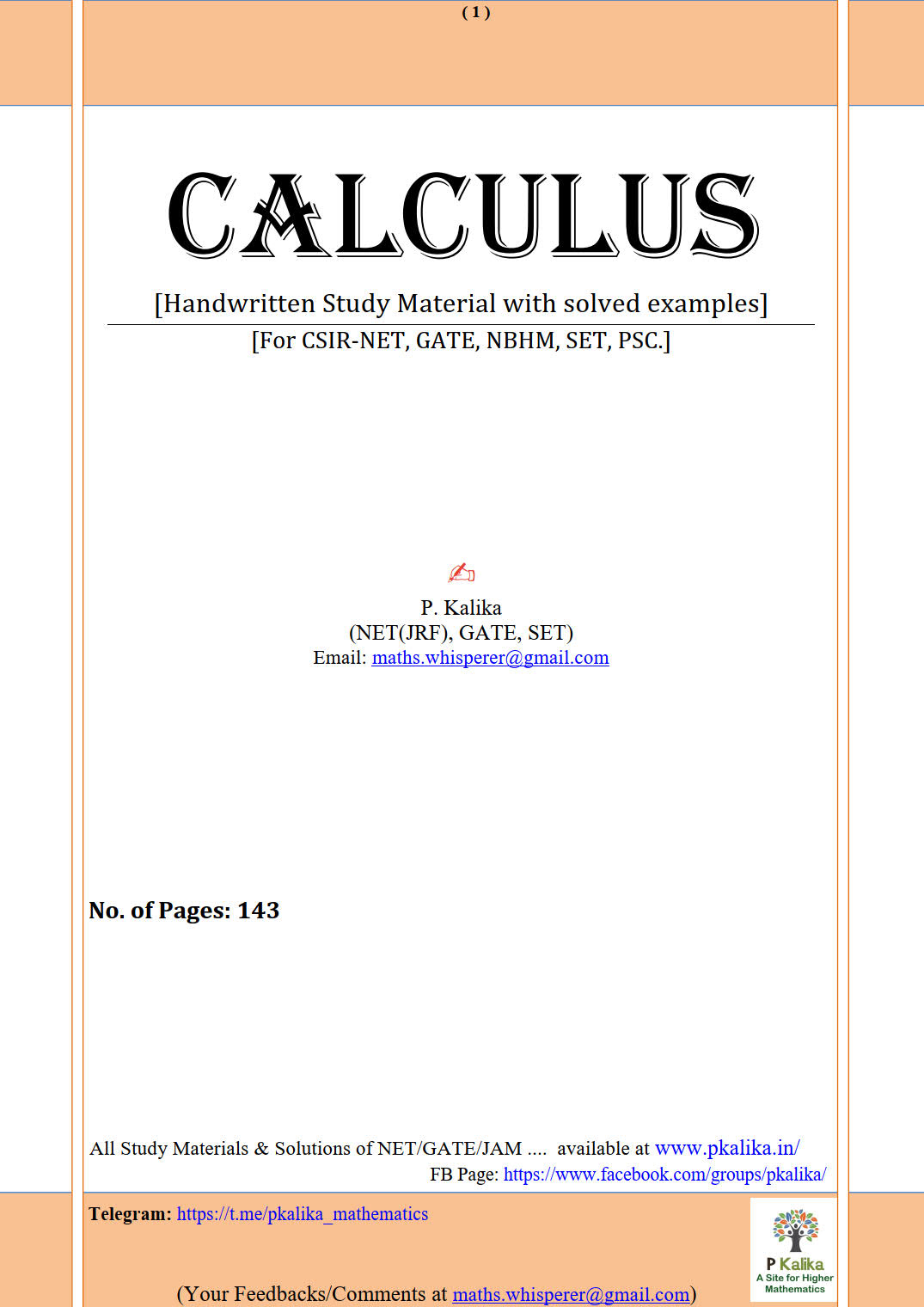MSc Maths Entrance Exam Notes & Solutions – P Kalika